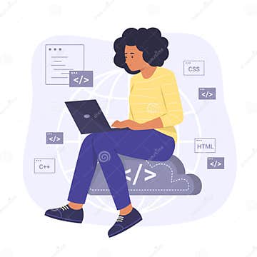 Programmer Sitting on Cloud Computing Symbol and Process Coding for ...