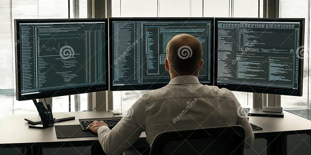 Programmer is Sitting at a Desk, Working with Three Computer Screens Displaying Lines of Code ...