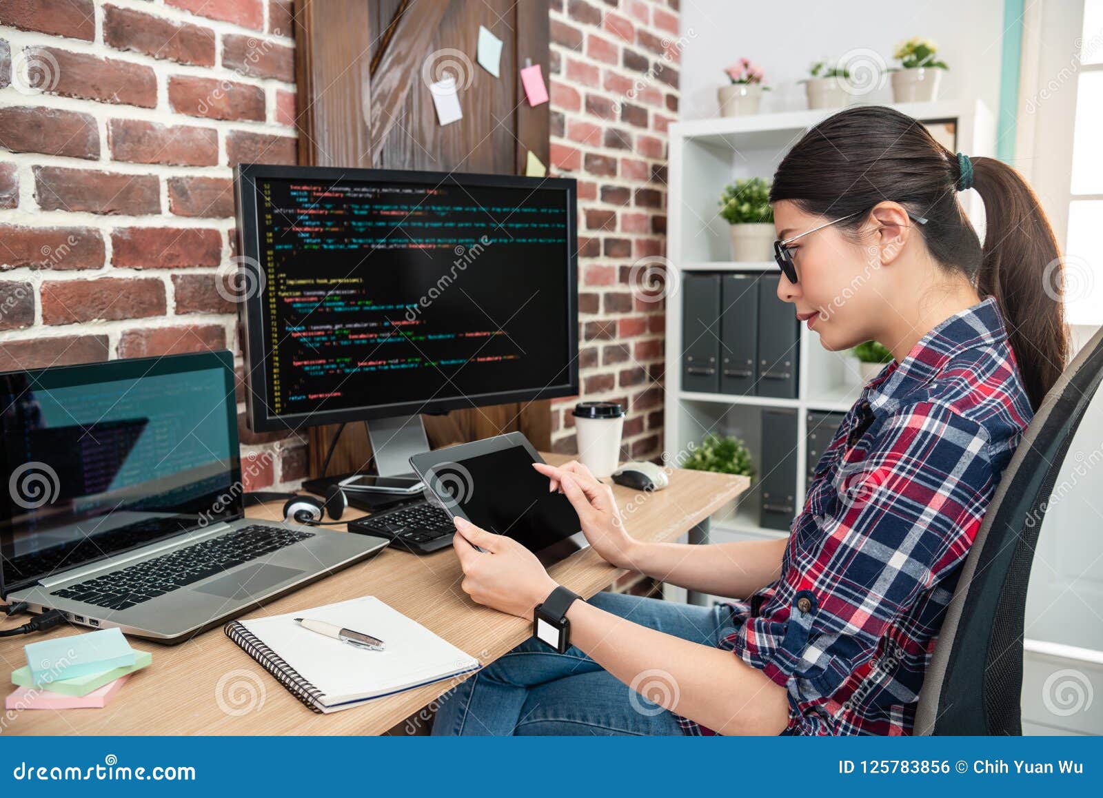 Programmer Sitting and Using Tablet Stock Photo - Image of coder ...