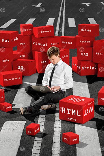 Programmer Sitting and Working with Laptop on the Asphalt Road S Stock ...