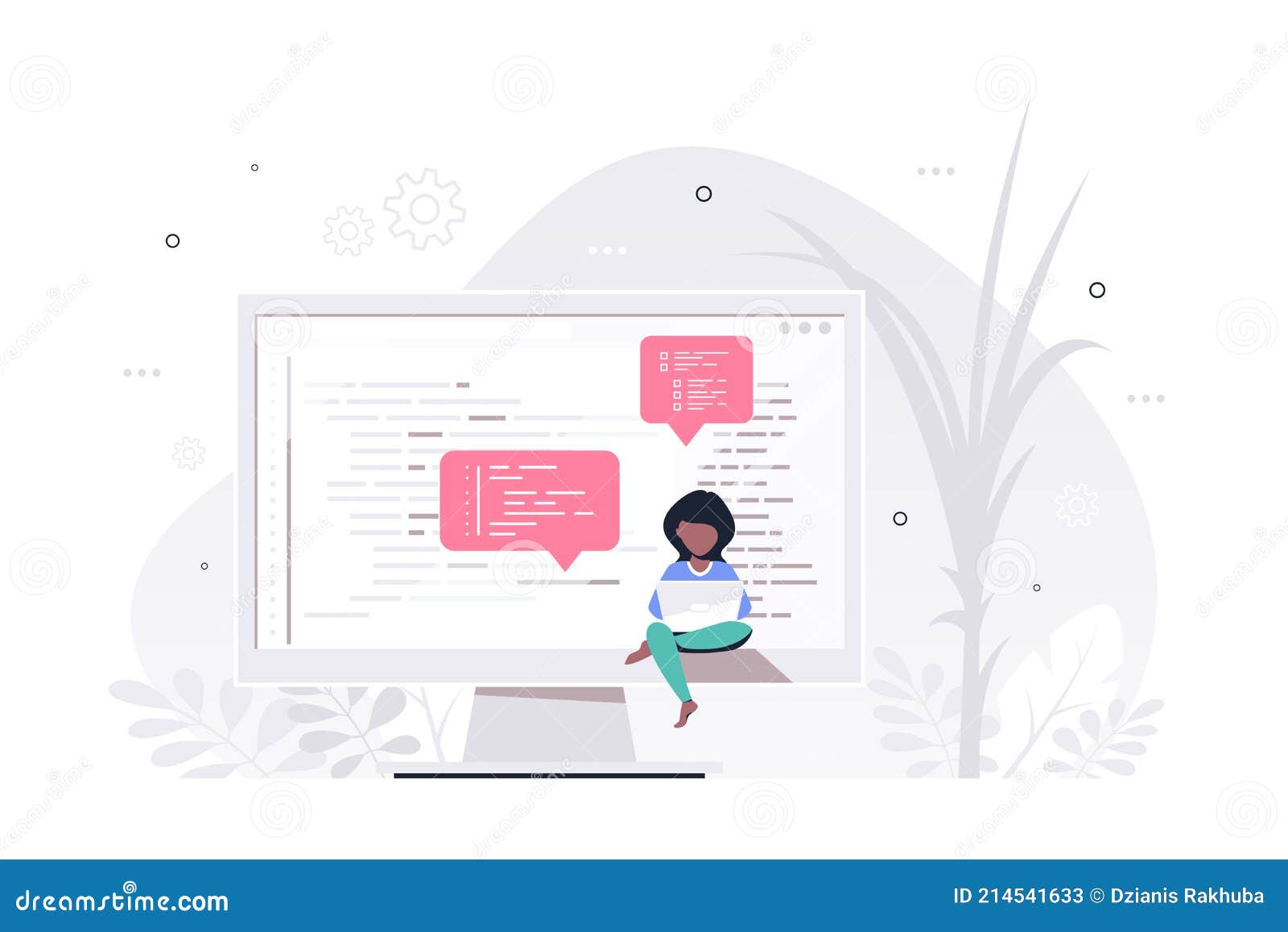 Programmer Specialist Sitting On Big Computer Screen And Working Stock Vector Illustration Of
