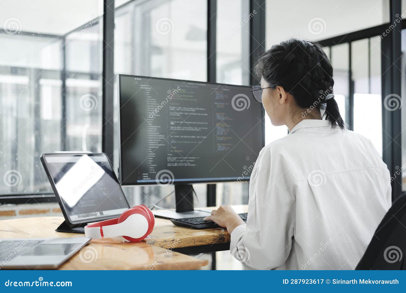 It Programmer Starts Working on Desktop Computer. Stock Image - Image of developer, office ...