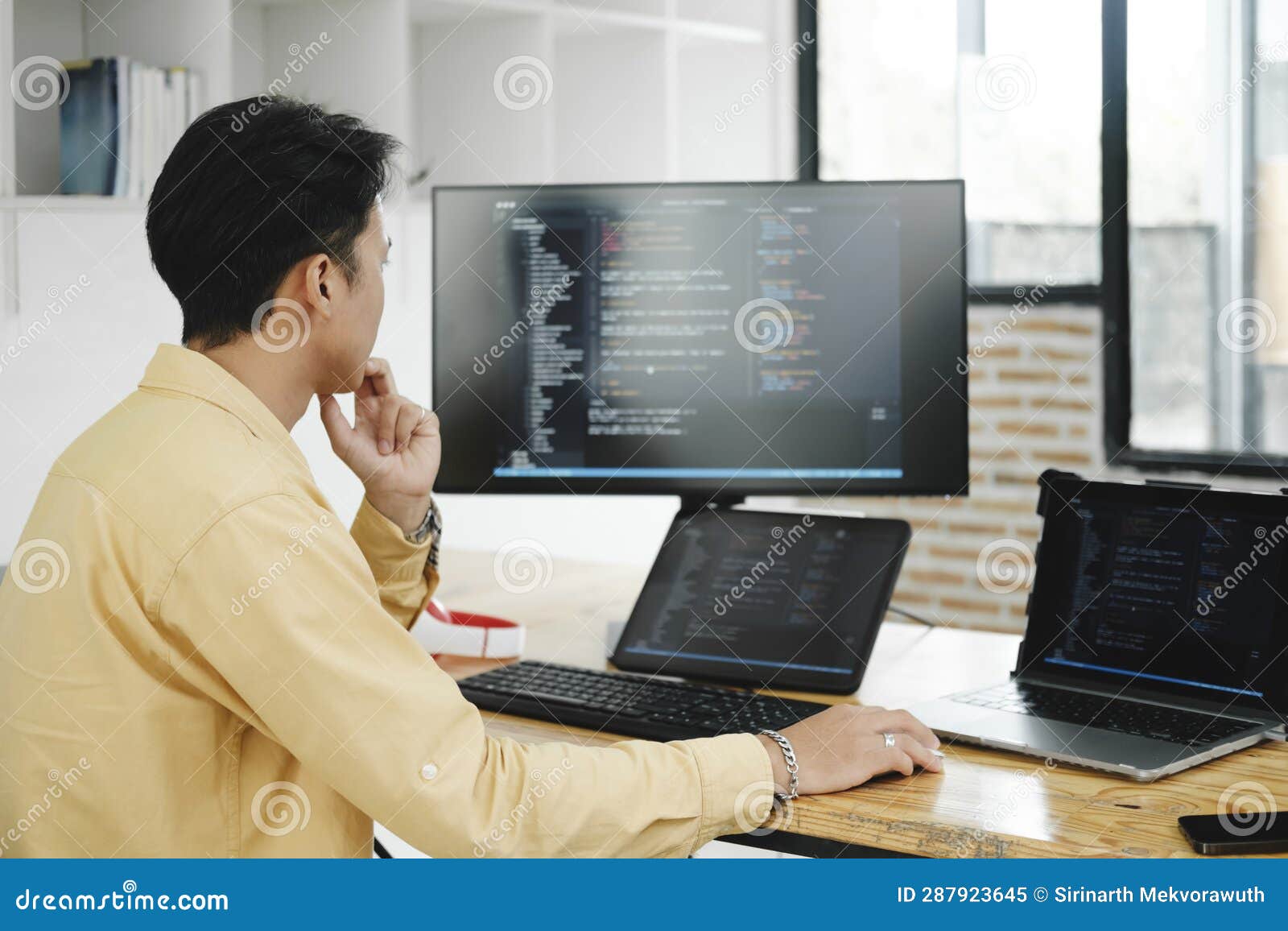 It Programmer Starts Working on Desktop Computer. Stock Image - Image of freelancer, business ...