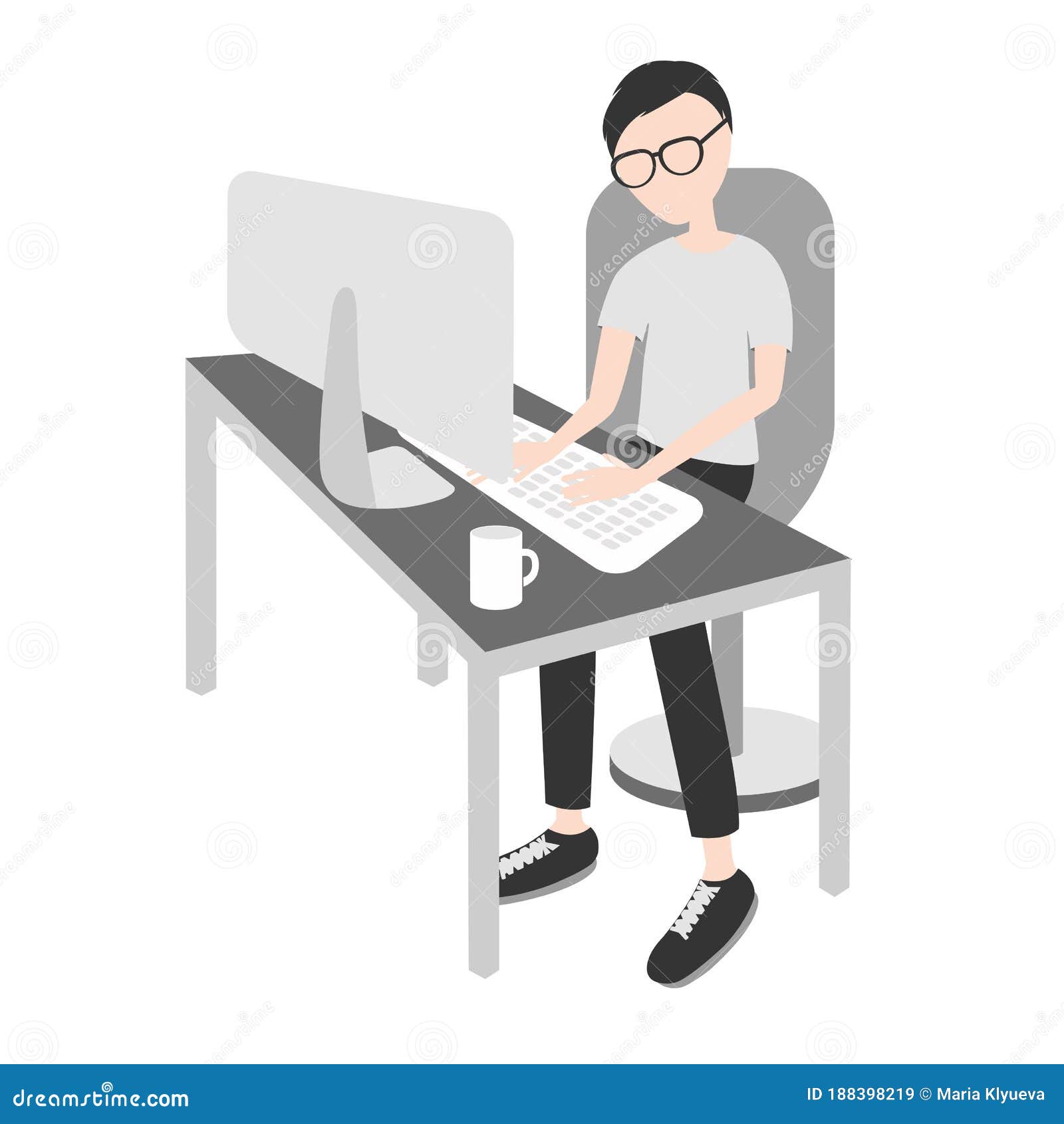 Programmer at the Table and Monoblock. Isolated Objects without Stroke ...