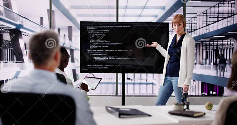 Programmer Team Meeting with TV Screen in Office Stock Image - Image of ...