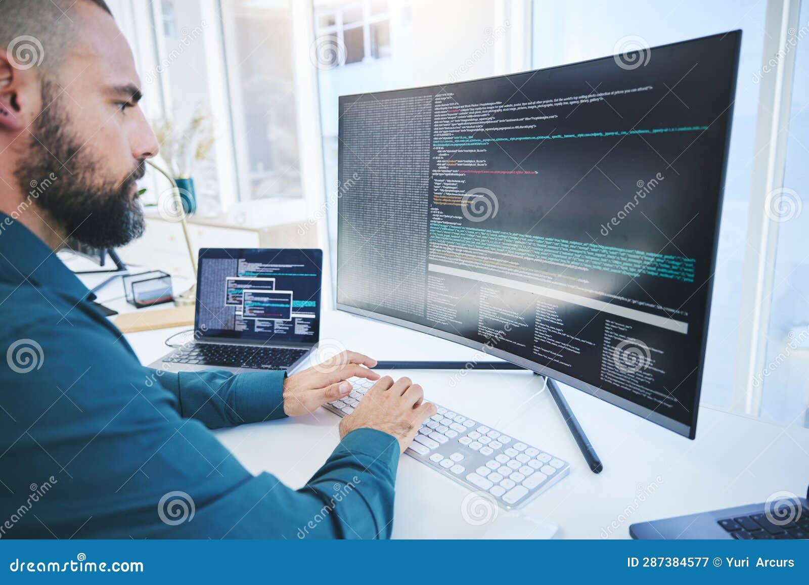 Programmer Technician Man And Computer Code For Software Script Or