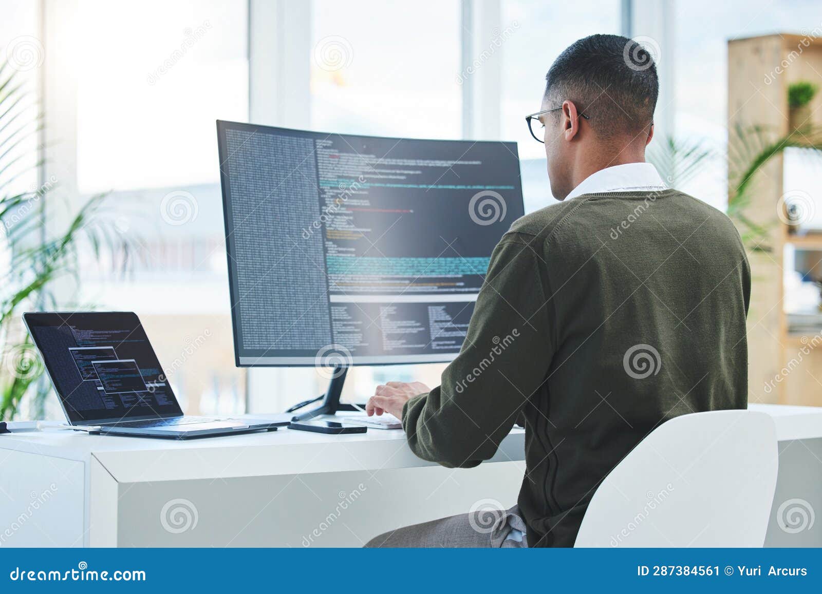 Programmer Technician Man And Computer For Coding Software Script Or