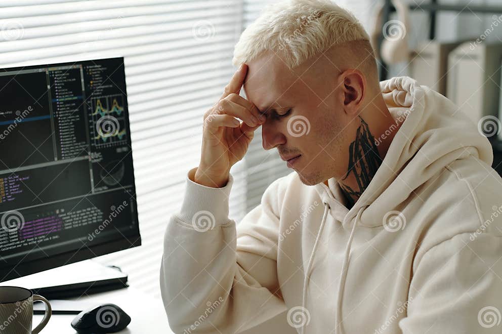 Programmer Tired of His Work in Office Stock Image - Image of data ...