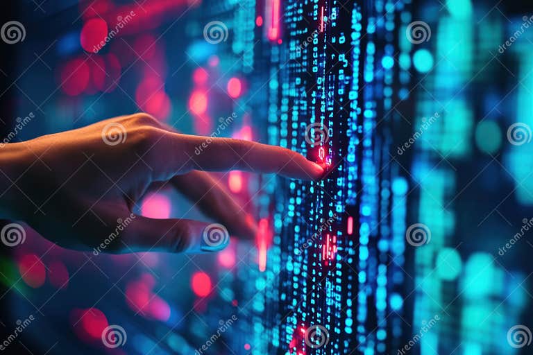 Programmer Touching Futuristic Screen Showing Big Data, Code, Numbers ...
