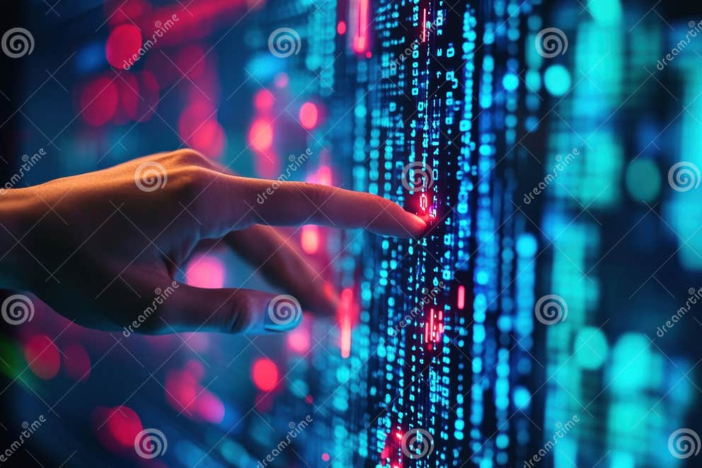 Programmer Touching Futuristic Screen Showing Big Data Code Numbers And Programming Language