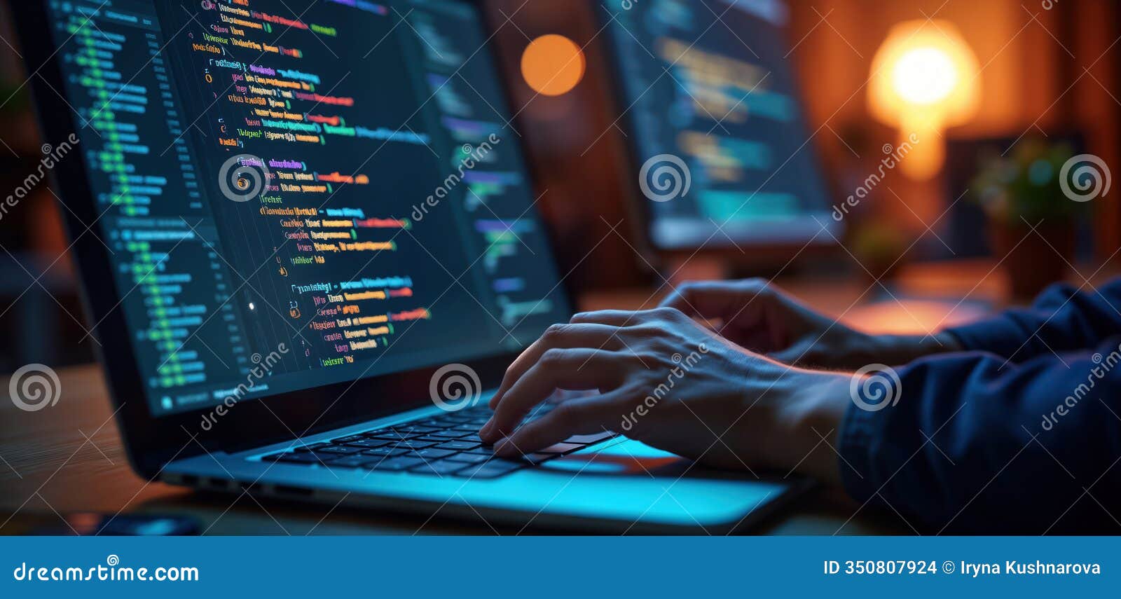 Programmer Types On Laptop Keyboard Coding Language Visible On Screen 2616