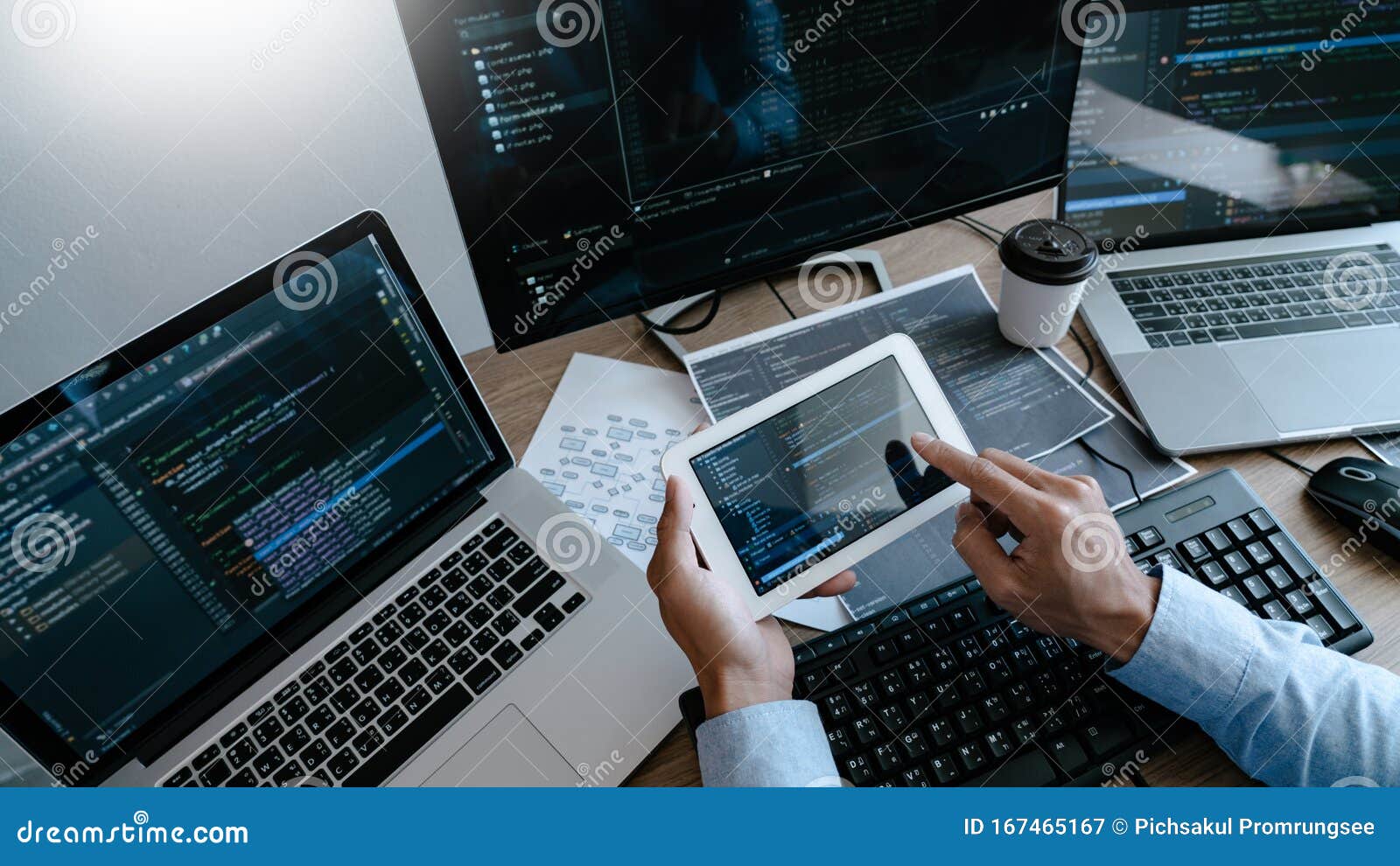 Programmer Typing Code On Desktop Computer Developing Programming And Coding Technologies