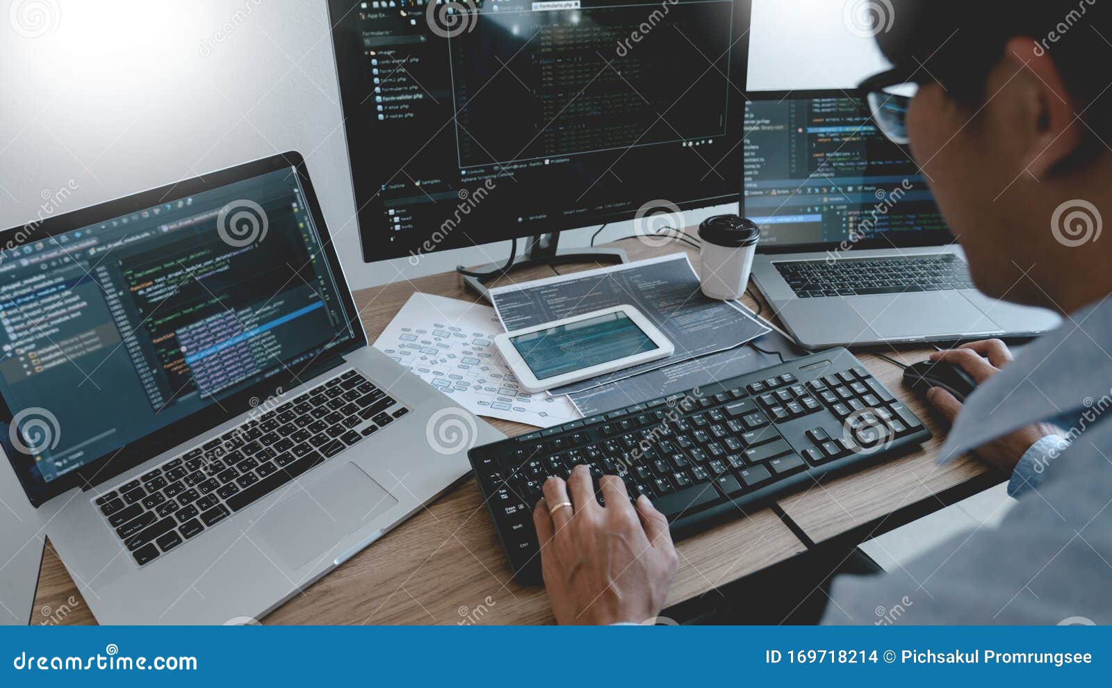 Programmer Typing Code On Desktop Computer Developing Programming And Coding Technologies