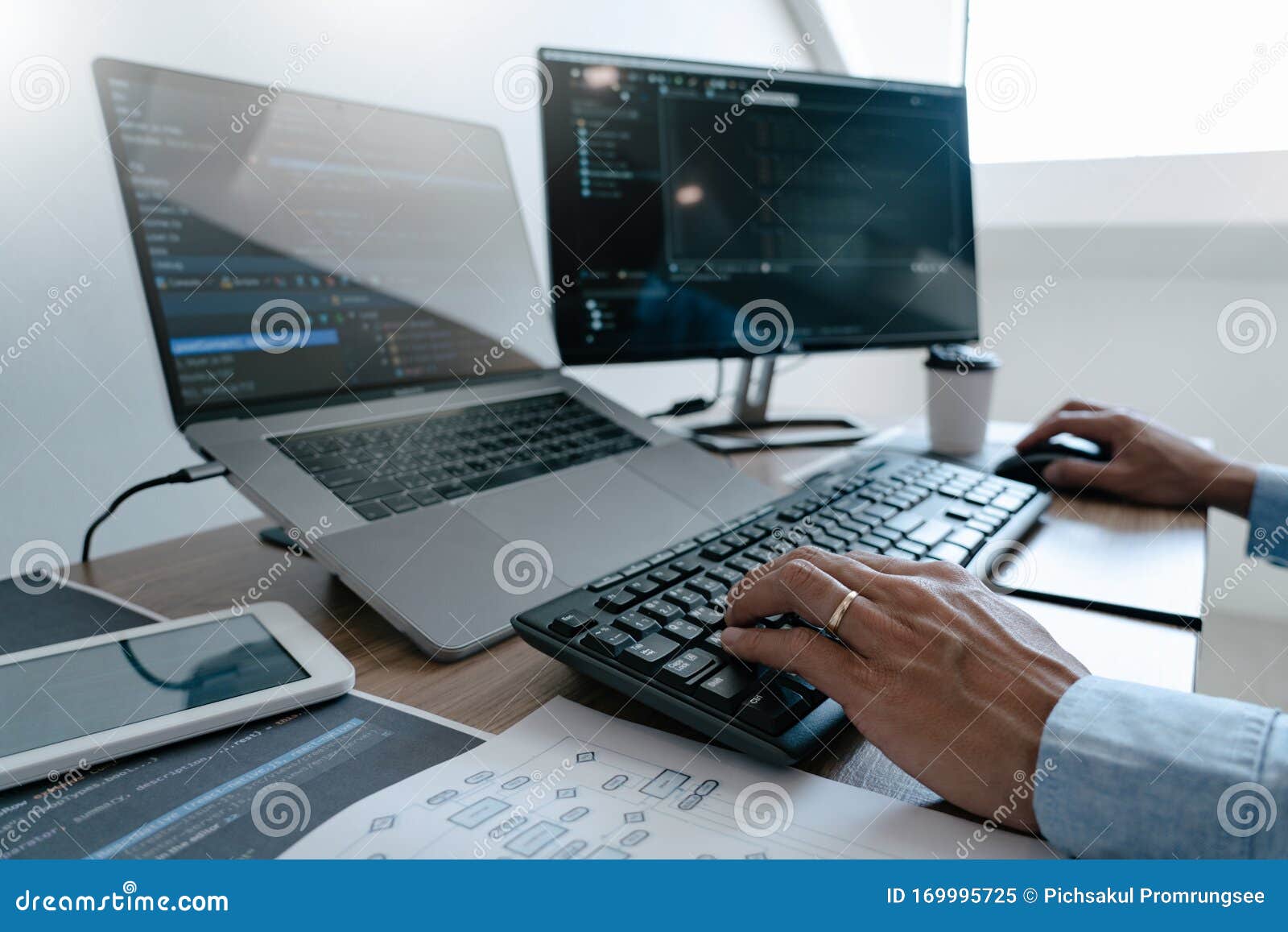 Programmer Typing Code on Desktop Computer, Developing Programming and Coding Technologies ...