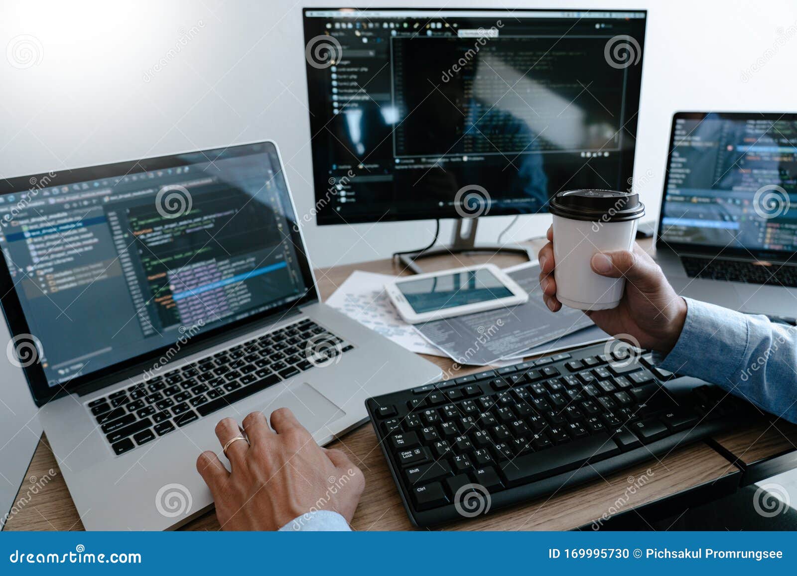 Programmer Typing Code On Desktop Computer Developing Programming And Coding Technologies
