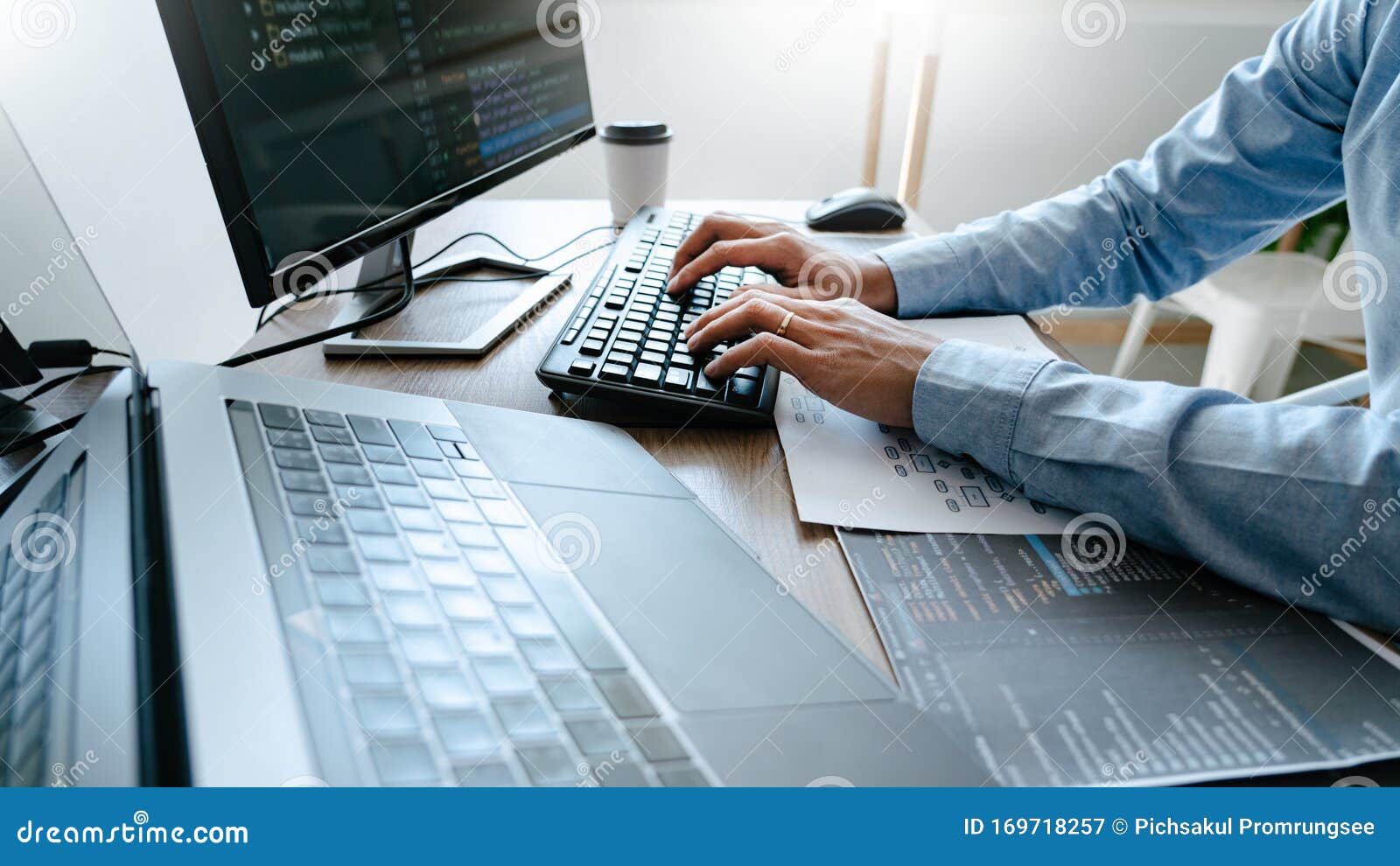 Programmer Typing Code on Desktop Computer, Developing Programming and ... Programmer Typing Code on Desktop Computer, Developing Programming and ...