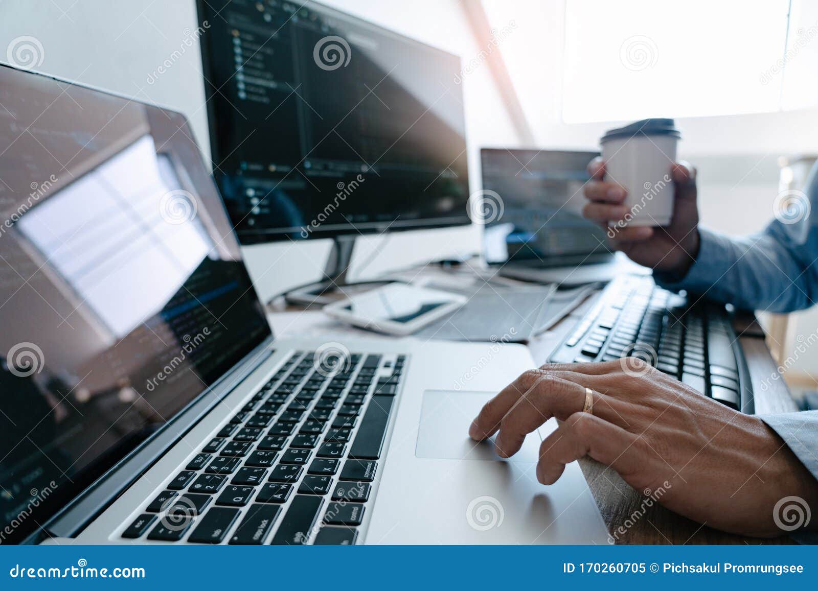 Programmer Typing Code On Desktop Computer, Developing Programming And ... Programmer Typing Code On Desktop Computer, Developing Programming And ...
