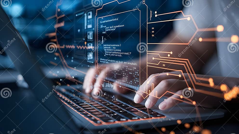 Programmer Typing Code on Laptop with Circuit Board Overlay Stock ...