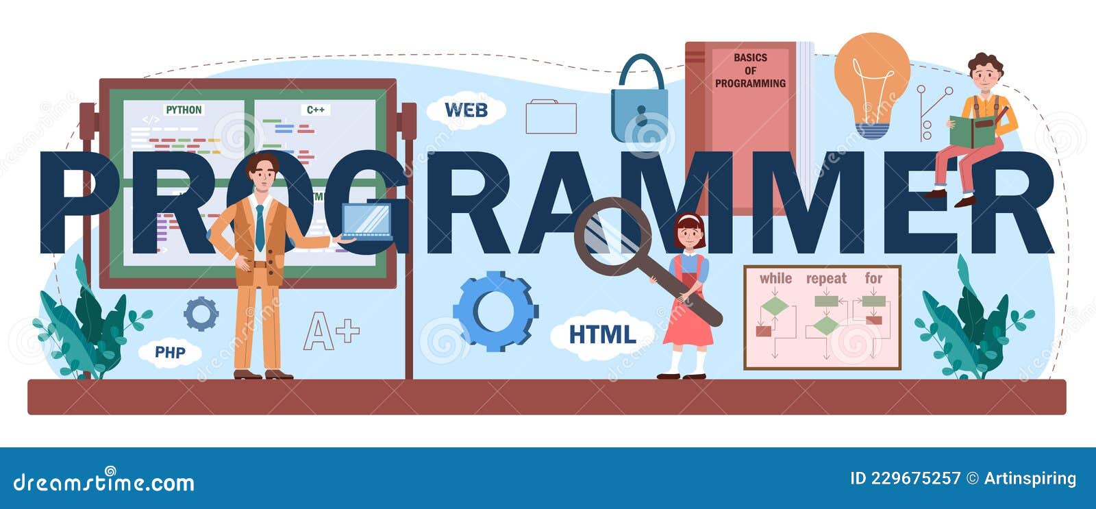 Programmer Typographic Header. Students Learn Computer Science Stock Vector - Illustration of ...