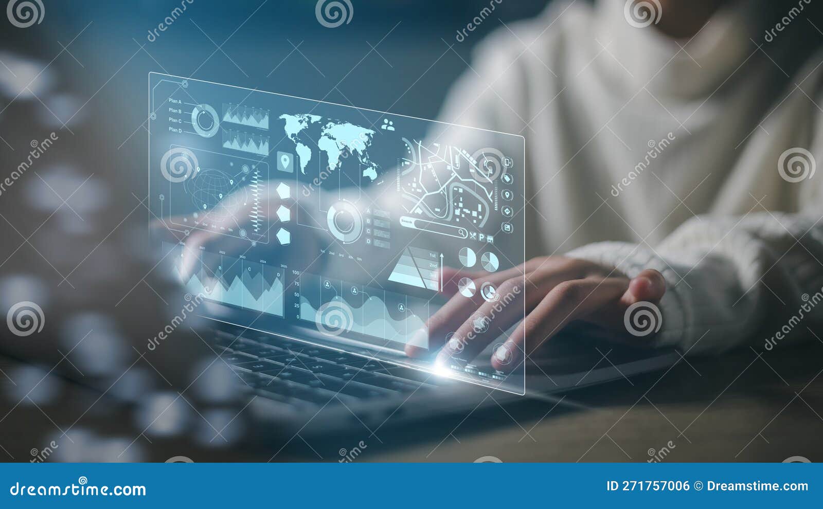 The Programmer Uses a Laptop To Analyze and Developing at Various Information on a Futuristic ...