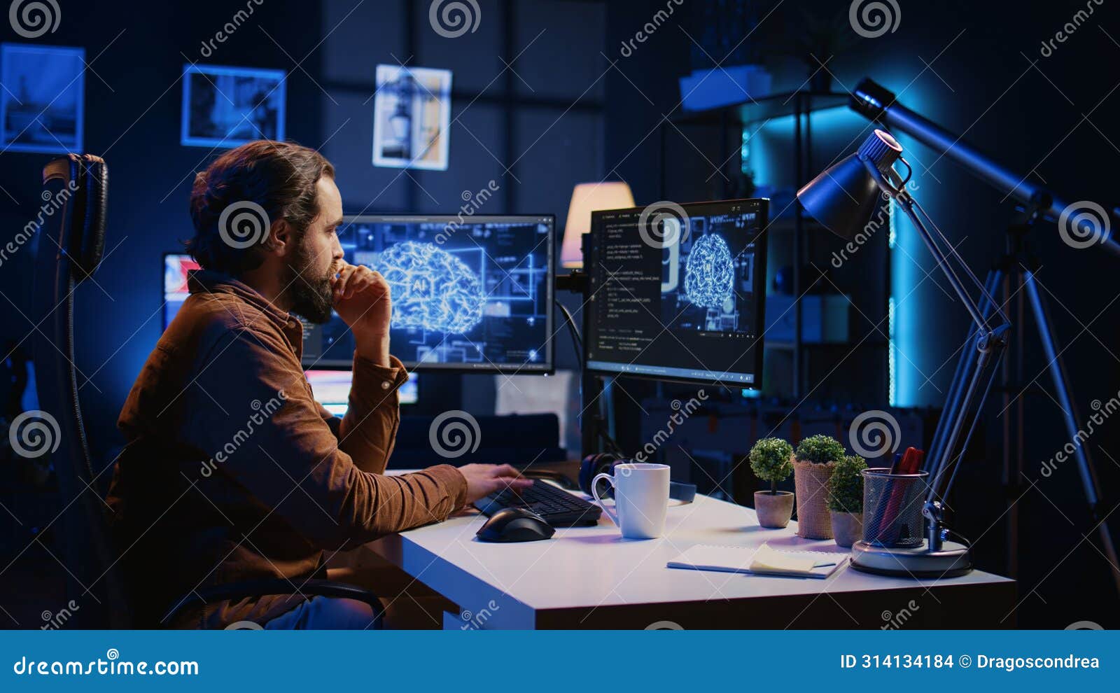 Programmer Using Computer To Update AI Neural Networks, Drinking Coffee Stock Photo - Image of ...