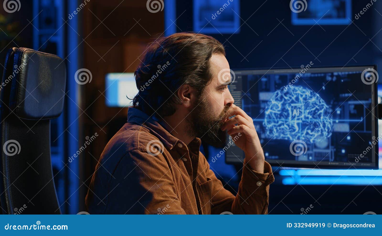 Programmer Using Computer To Update Ai Neural Networks Drinking Coffee