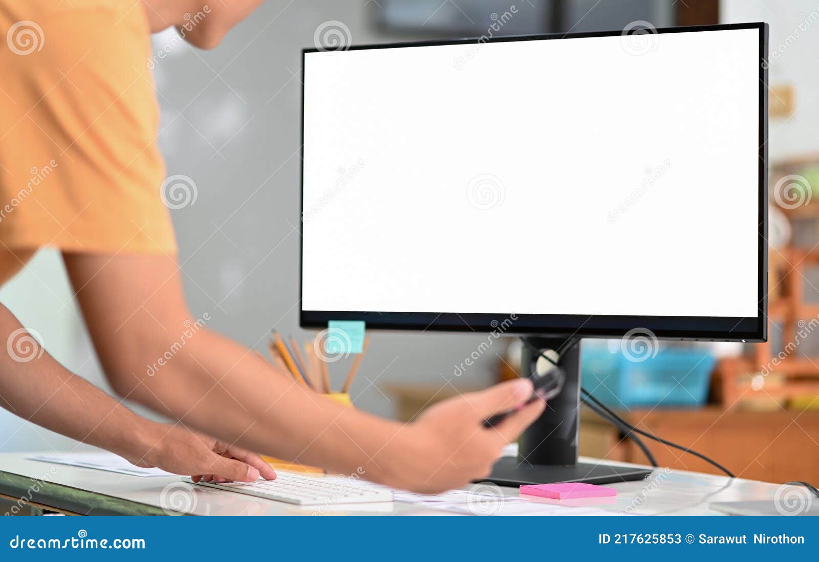 Programmer Using Mockup Blank Screen Computer on a Programming Desk ...