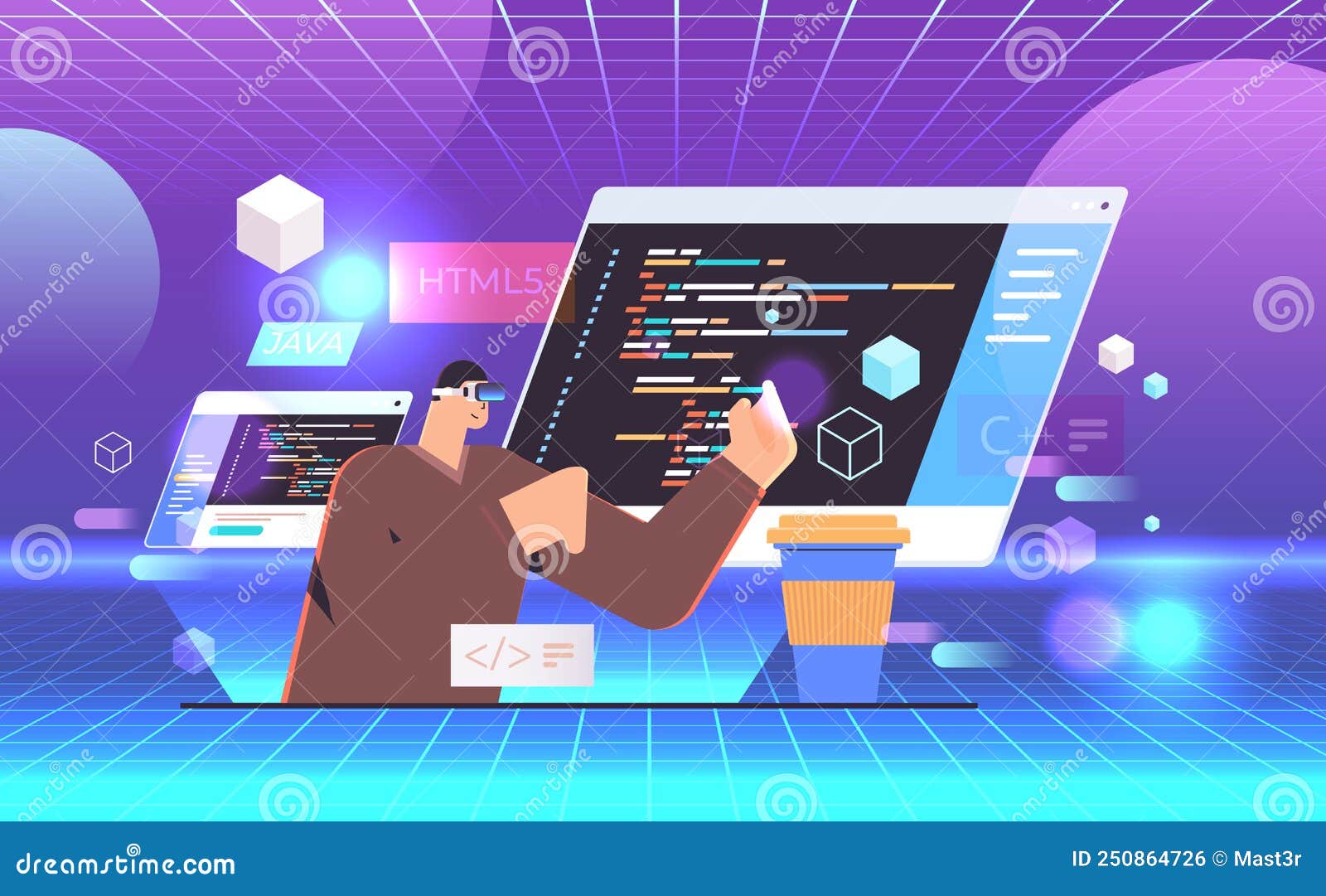 Programmer In Virtual Reality Glasses Writing Code For Computer App Engineering Software Coding