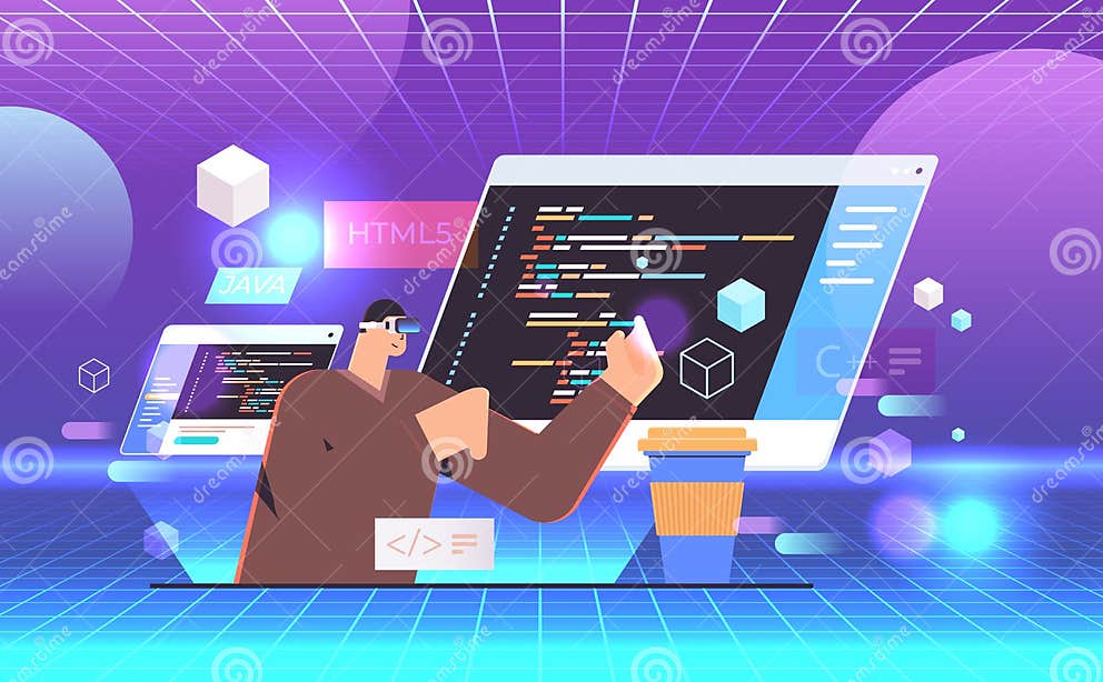 Programmer in Virtual Reality Glasses Writing Code for Computer App Engineering Software Coding ...