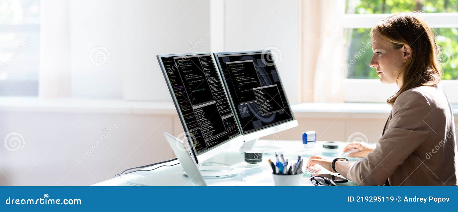 Programmer Woman Coding on Computer Stock Image - Image of monitor ...