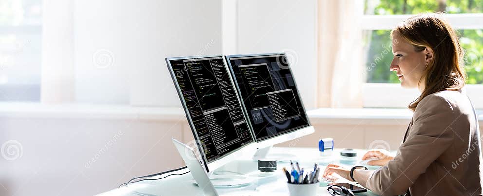Programmer Woman Coding on Computer Stock Image - Image of monitor ...