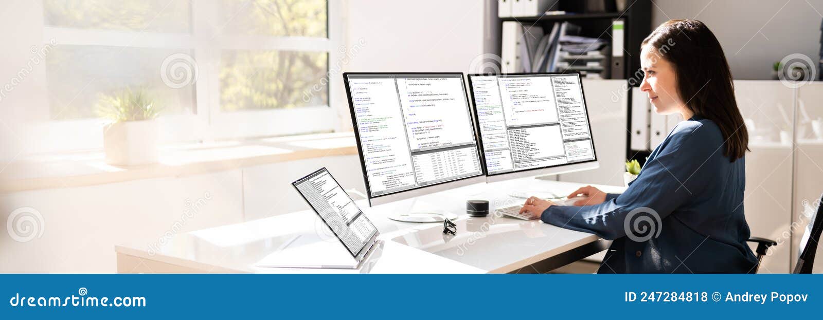 Programmer Woman Coding on Computer Stock Photo - Image of lady, female ...