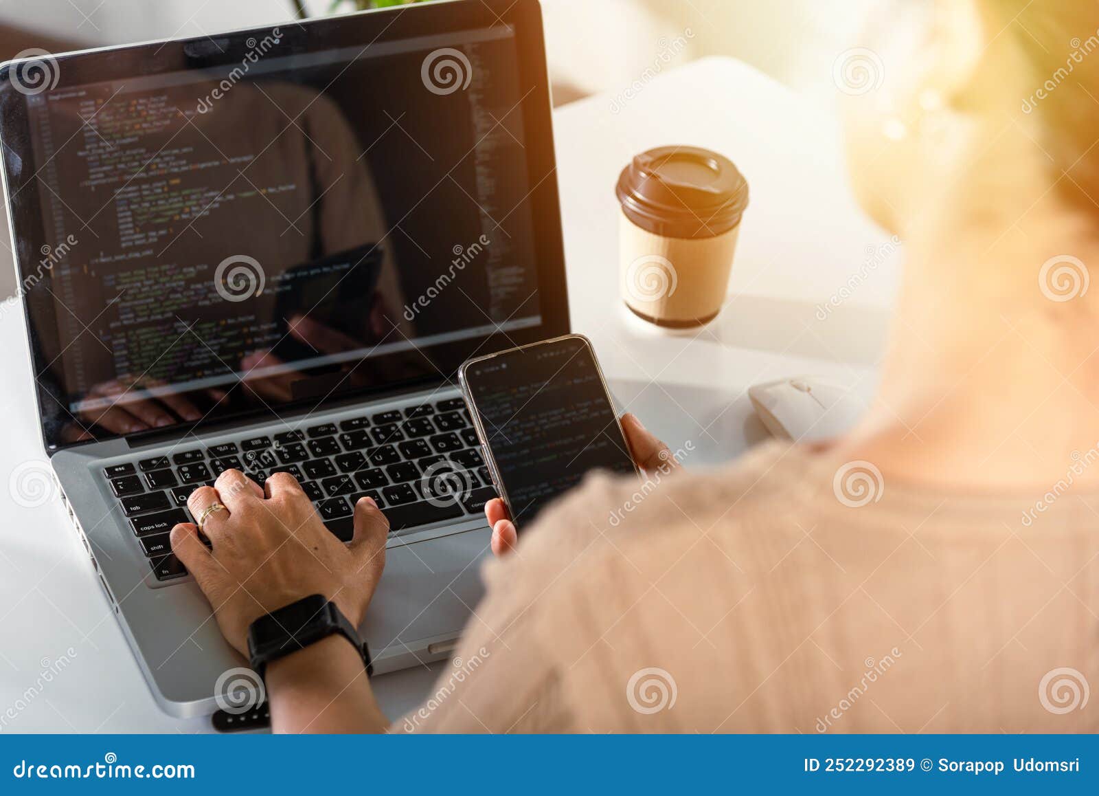 Programmer Woman Looking Mobile Phone Program Code At Workplace Stock Image Image Of Java
