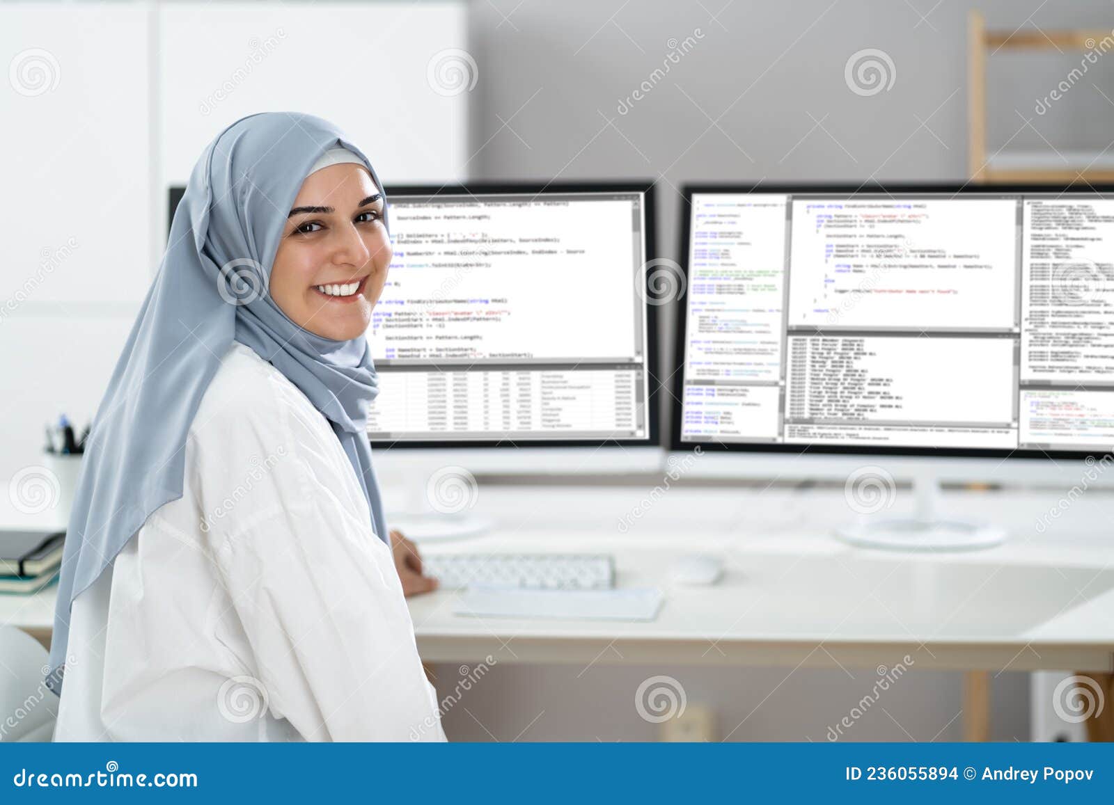 Programmer Woman Wearing Hijab Working Stock Photo - Image of multiple ...