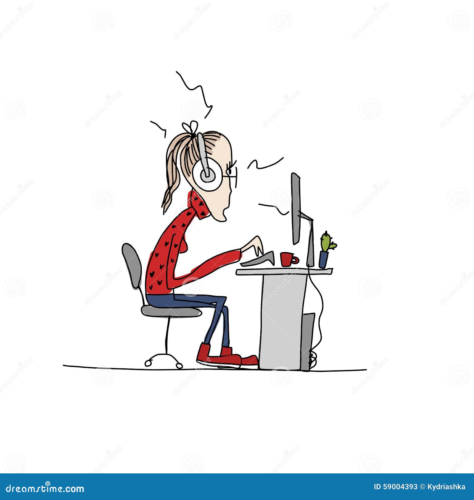 Programmer Woman at Work, Sketch for Your Design Stock Vector ...