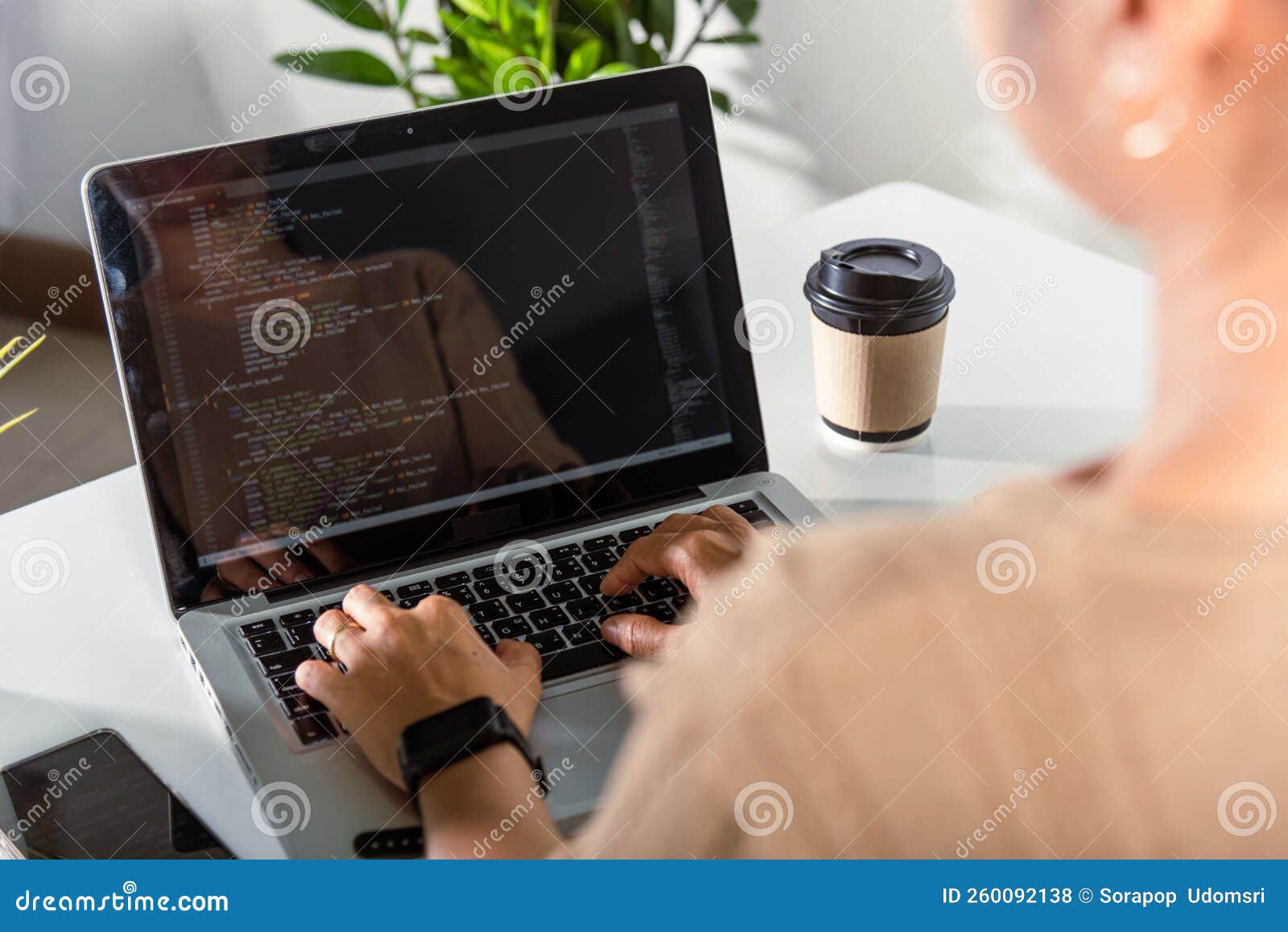 Programmer Woman Writing Program HTML Code Sitting at Workplace in ...