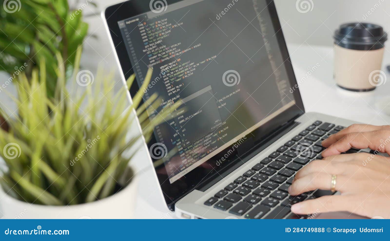 Programmer Woman Writing Program HTML Code Sitting at Workplace in ...