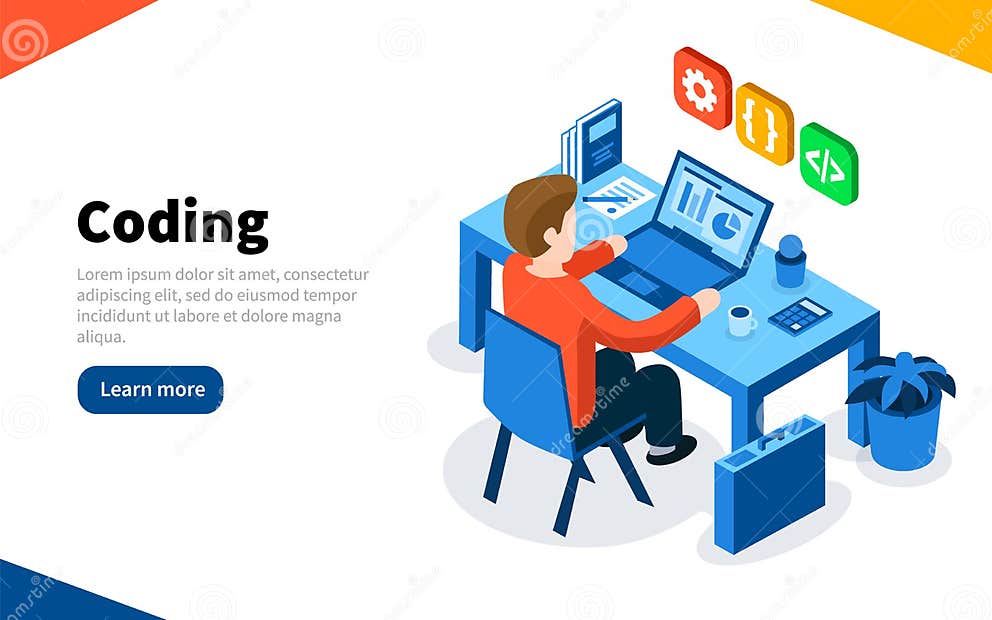 Programmer at Work Concept. Coding or Online Programming Education. Flat Isometric Vector ...