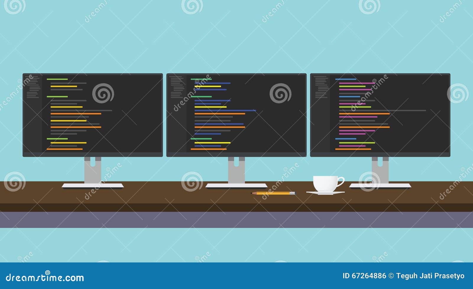 Programmer Workdesk Triple Monitor With Programming Code Stock Vector Illustration Of Online