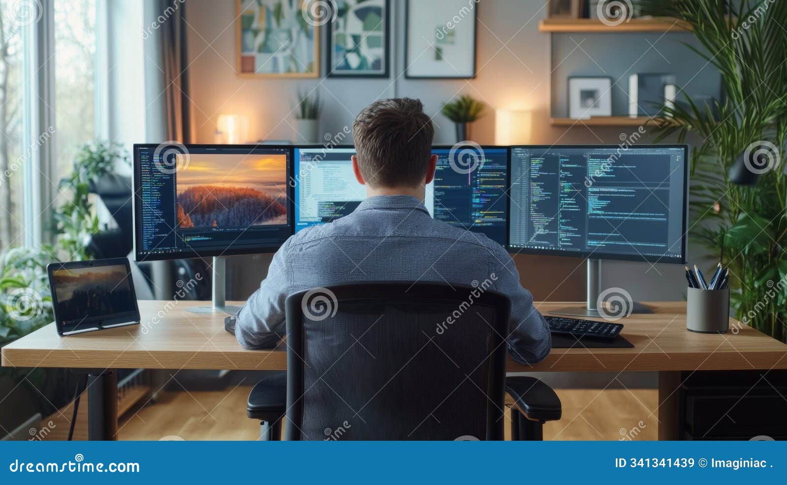 Programmer Working on Code at Home Office Desk with Multiple Monitors Stock Illustration ...