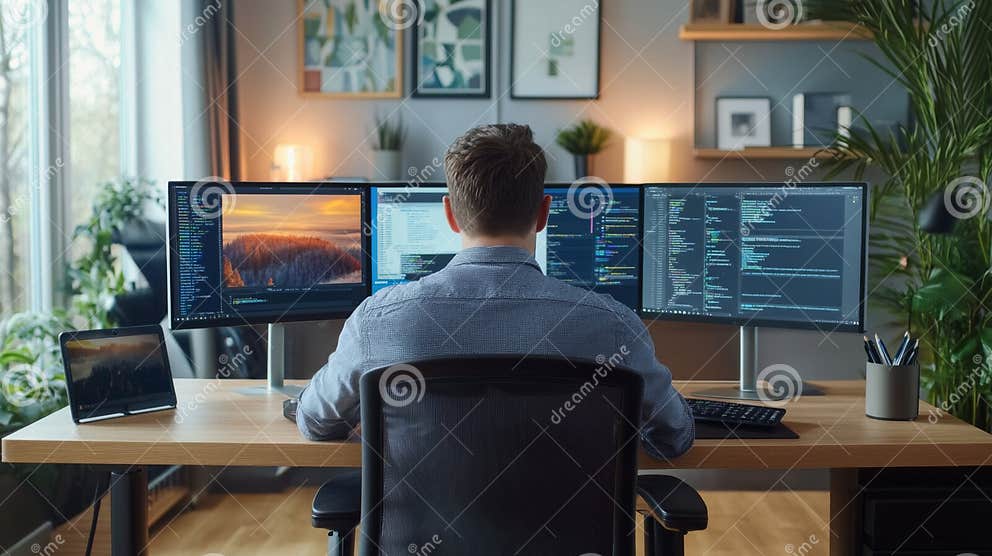 Programmer Working On Code At Home Office Desk With Multiple Monitors Stock Illustration