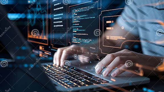 Programmer Working on Code on Laptop Computer with Data Analysis Screen in the Background Stock ...