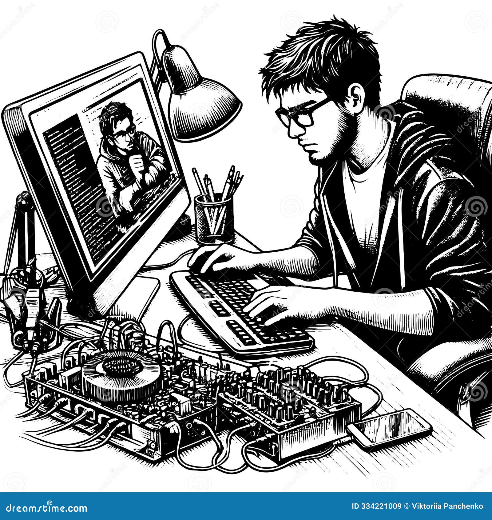 Programmer Working on Computer Hardware with Code on Screen, Black and ...