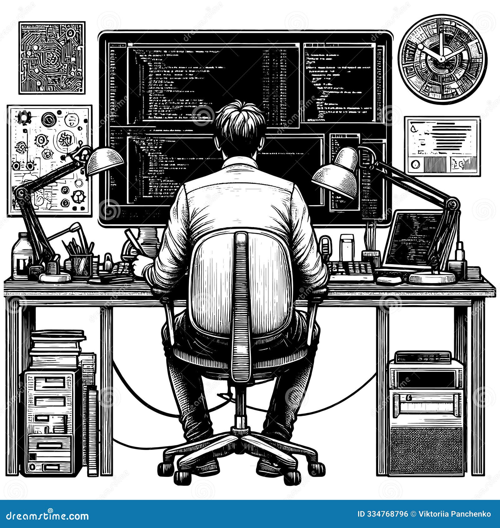 Programmer Working on Computer Hardware with Code on Screen, Black and ...