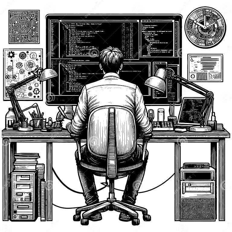 Programmer Working on Computer Hardware with Code on Screen, Black and ...