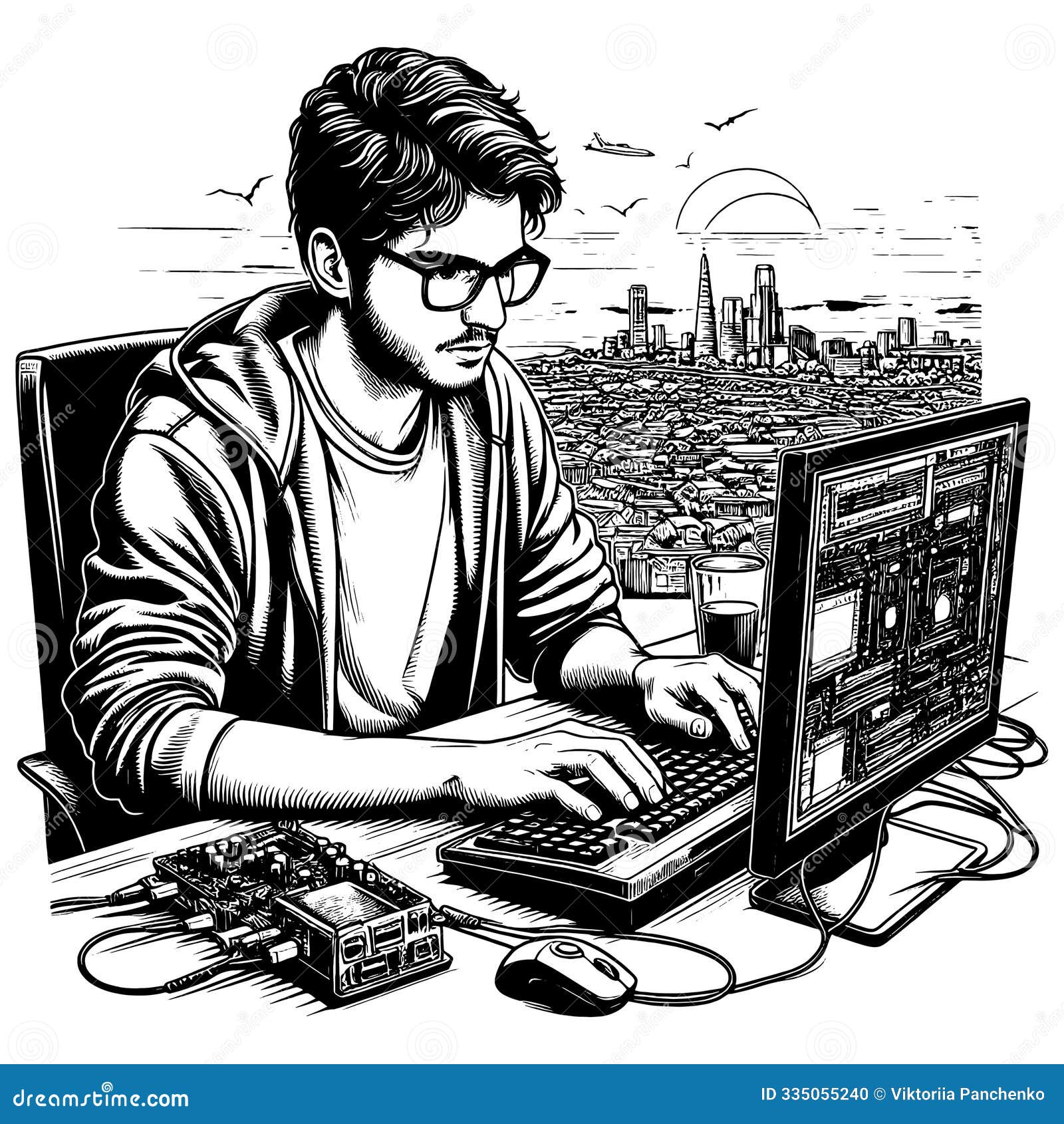 Programmer Working on Computer Hardware with Code on Screen, Black and ...