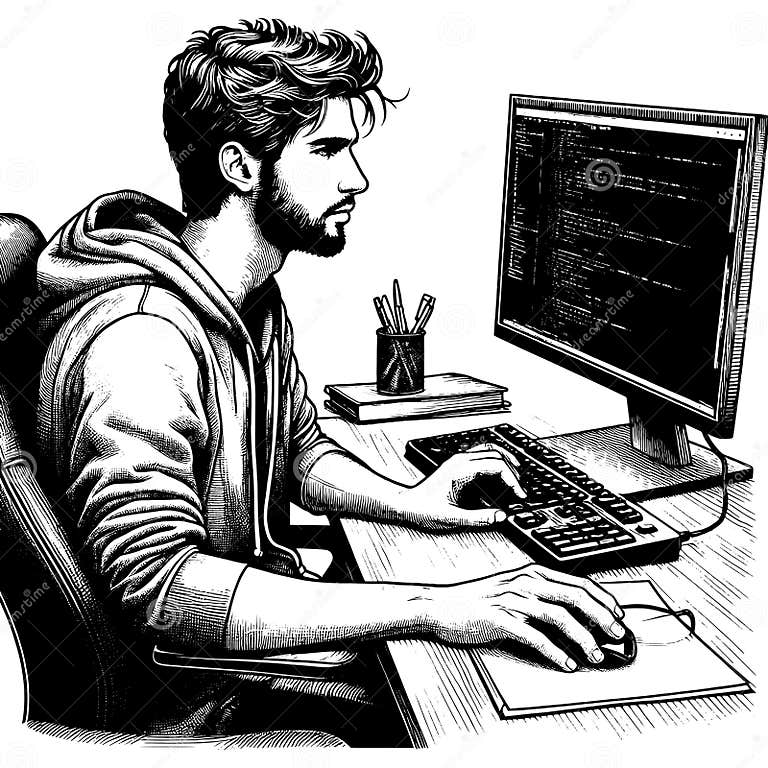 Programmer Working on Computer Hardware with Code on Screen, Black and White. Vector, Generative ...