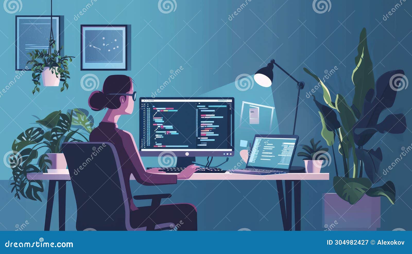 Programmer Working On Computer At Home Office Programmer Coding Code On Computer Monitor