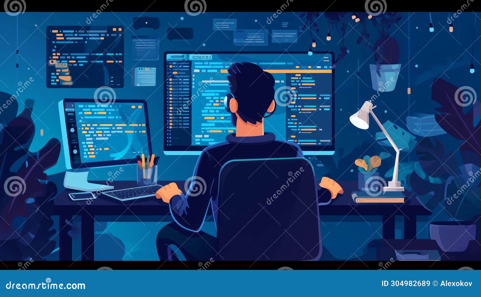 Programmer Working on Computer at Night. Programmer at Work. Programmer ...