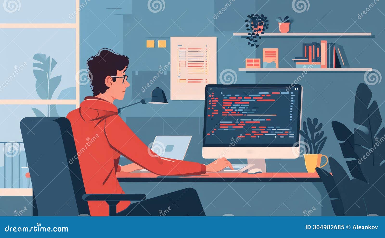 Programmer Working On Computer In Office Programmer Coding And Programming Stock Illustration